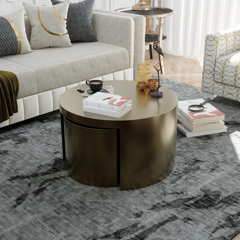 Brushed Gold 2 in 1 Nesting Coffee Table Round Cocktail Table for Living Room Everly Quinn